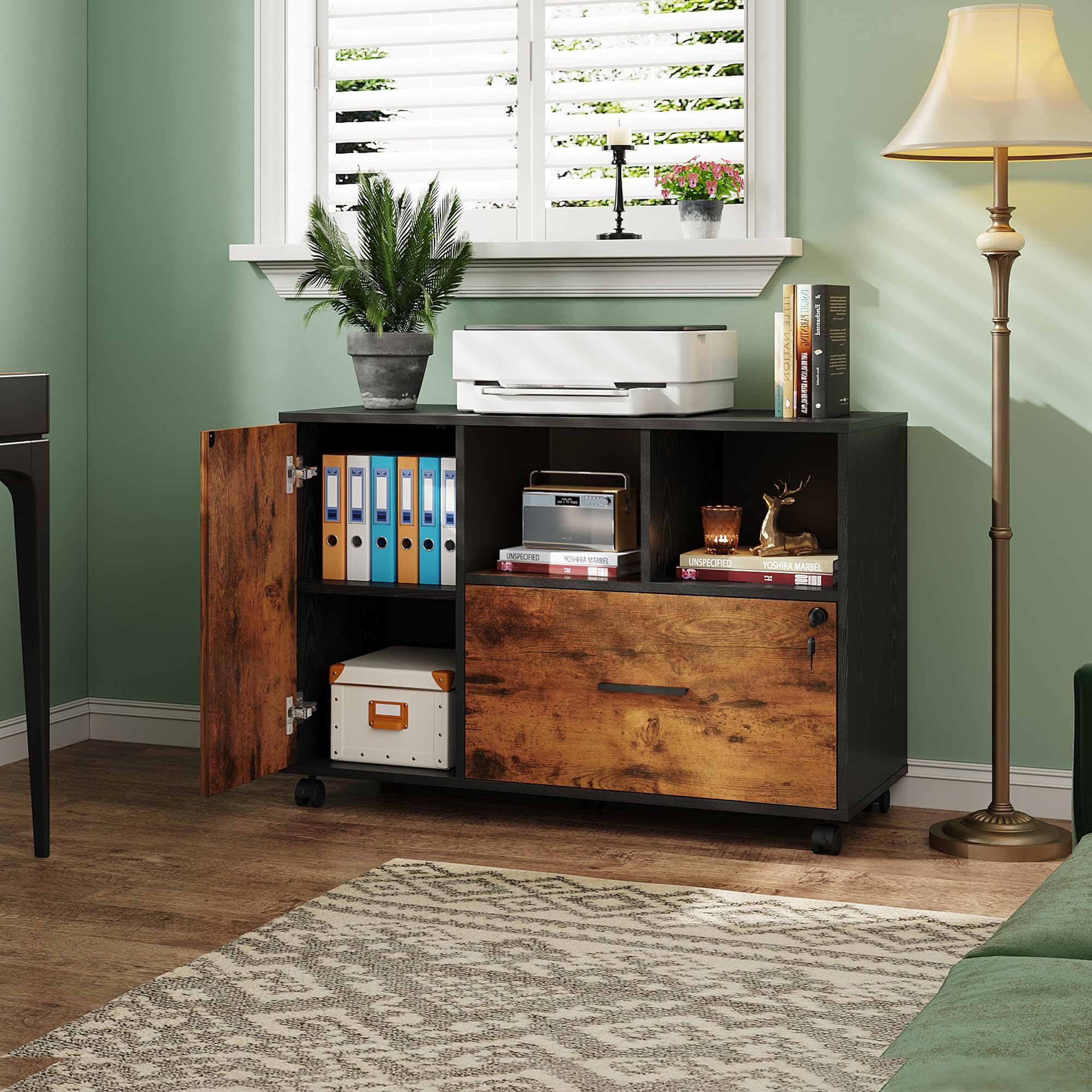 DEVAISE Office File Cabinet with Lock, 1-Drawer Wood Lateral Filing Cabinet on Wheels, Printer Stand with Open Storage Shelves for Home Office, Rustic Brown