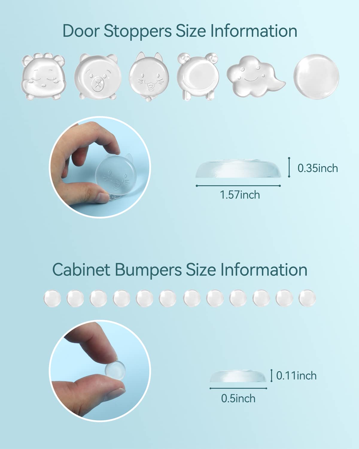 Door Stoppers Wall Protectors, 6pcs 1.57" + 12pcs 1/2" LEOADE Door Knob Stops Cabinet Handle Rubber Bumpers with Self Adhesive Quick Shock Absorbent, Refrigerator Furniture Silicone Silencer -Clear