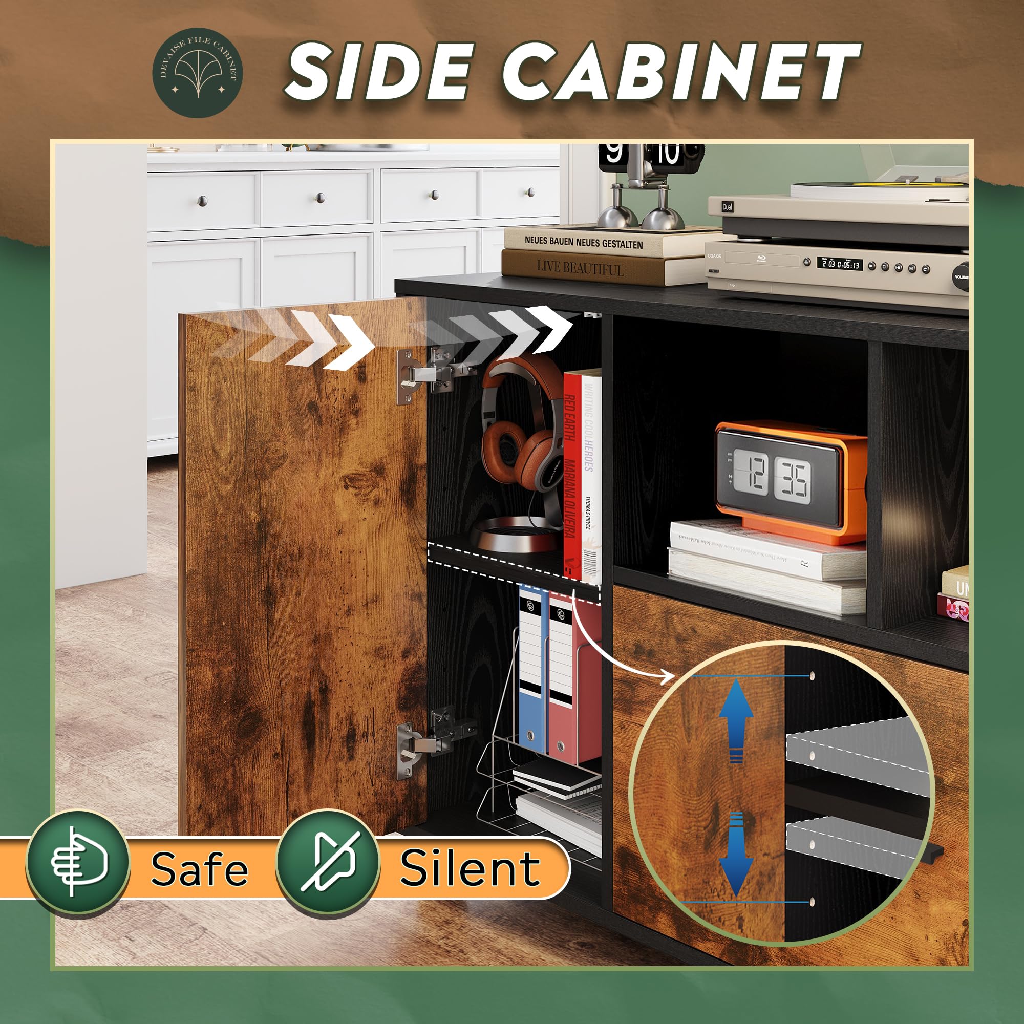 DEVAISE Office File Cabinet with Lock, 1-Drawer Wood Lateral Filing Cabinet on Wheels, Printer Stand with Open Storage Shelves for Home Office, Rustic Brown