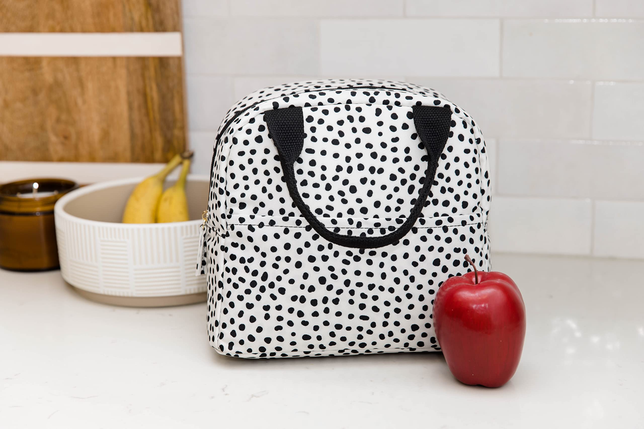 Steel Mill & Co Insulated Lunch Bag, Large Capacity Lunch Tote, Cute Lunch Box for Women, Mini Cooler with Zipper Closure, Pockets, and Sturdy Handles, Black Dots
