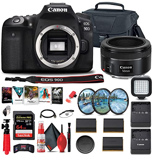 Canon EOS 90D DSLR Camera (Body Only) (3616C002) + Canon EF 50mm Lens + 64GB Card + Case + Filter Kit + Corel Photo Software + 2 x LPE6 Battery + Charger + Card Reader + More (Renewed)