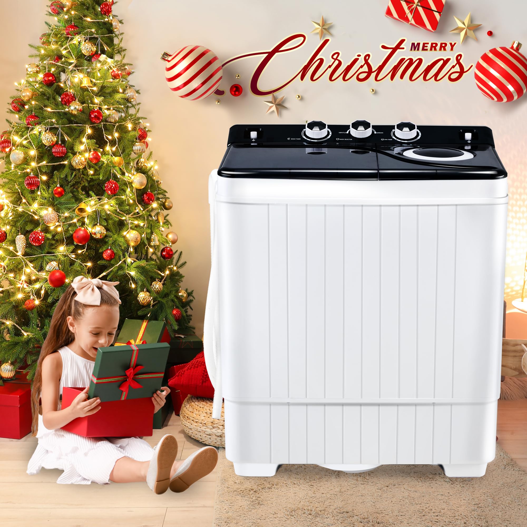 Kumcahom Portable Washing Machine 26Lbs Capacity Washer and Dryer Combo Twin Tub Laundry Washer(18Lbs) & Spinner(8Lbs) with Built-in Gravity Drain Pump,for Apartment,Dorms,RV Camping (black+white)