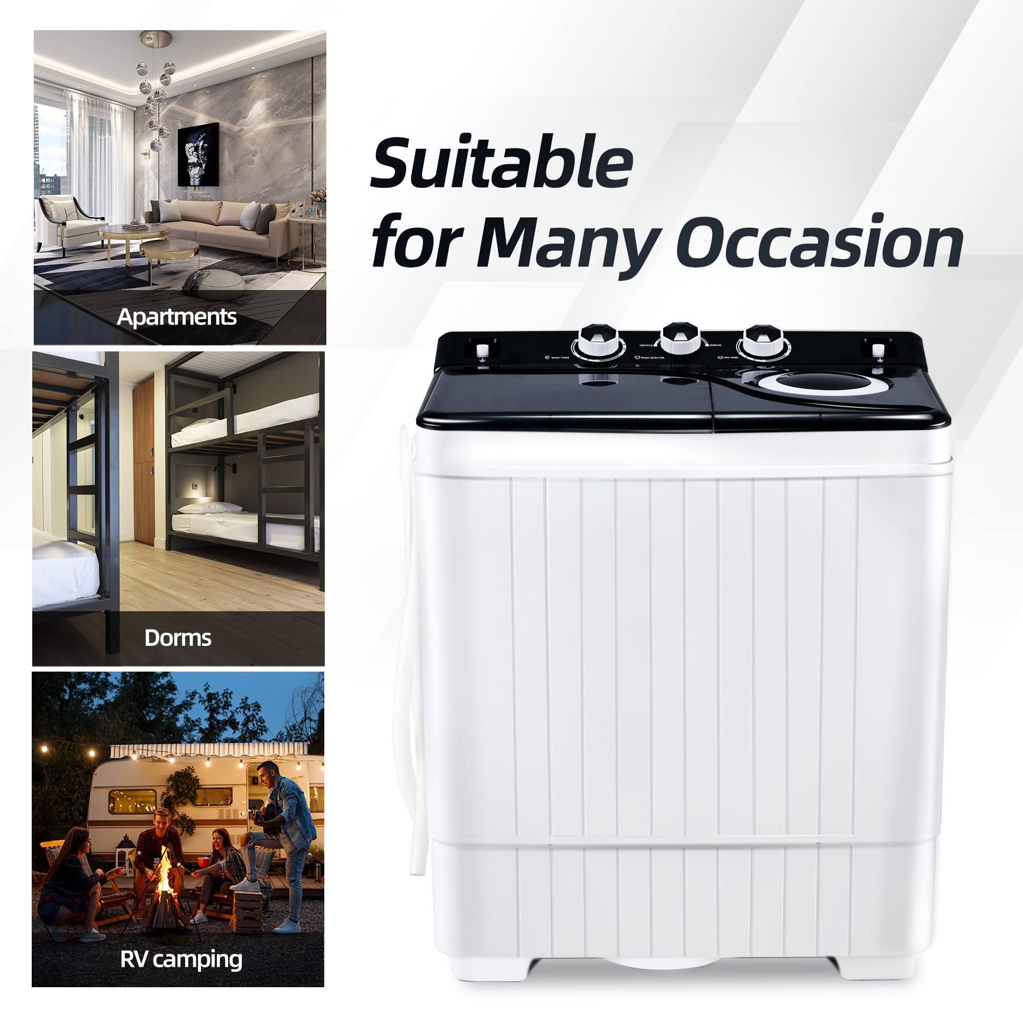 Kumcahom Portable Washing Machine 26Lbs Capacity Washer and Dryer Combo Twin Tub Laundry Washer(18Lbs) & Spinner(8Lbs) with Built-in Gravity Drain Pump,for Apartment,Dorms,RV Camping (black+white)