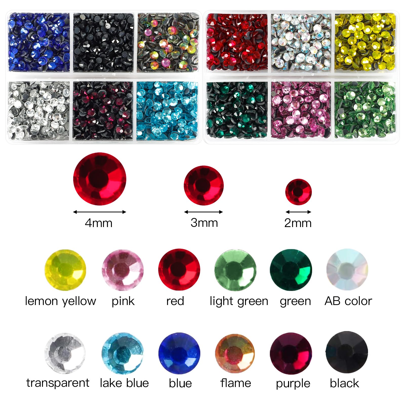 OUTUXED 5400pcs Multicolor Rhinestones 12 Mixed Color Hotfix Rhinestones Flatback Gemstones and Crystals for Crafts, Clothes with Tweezers and 2 Picking Pens