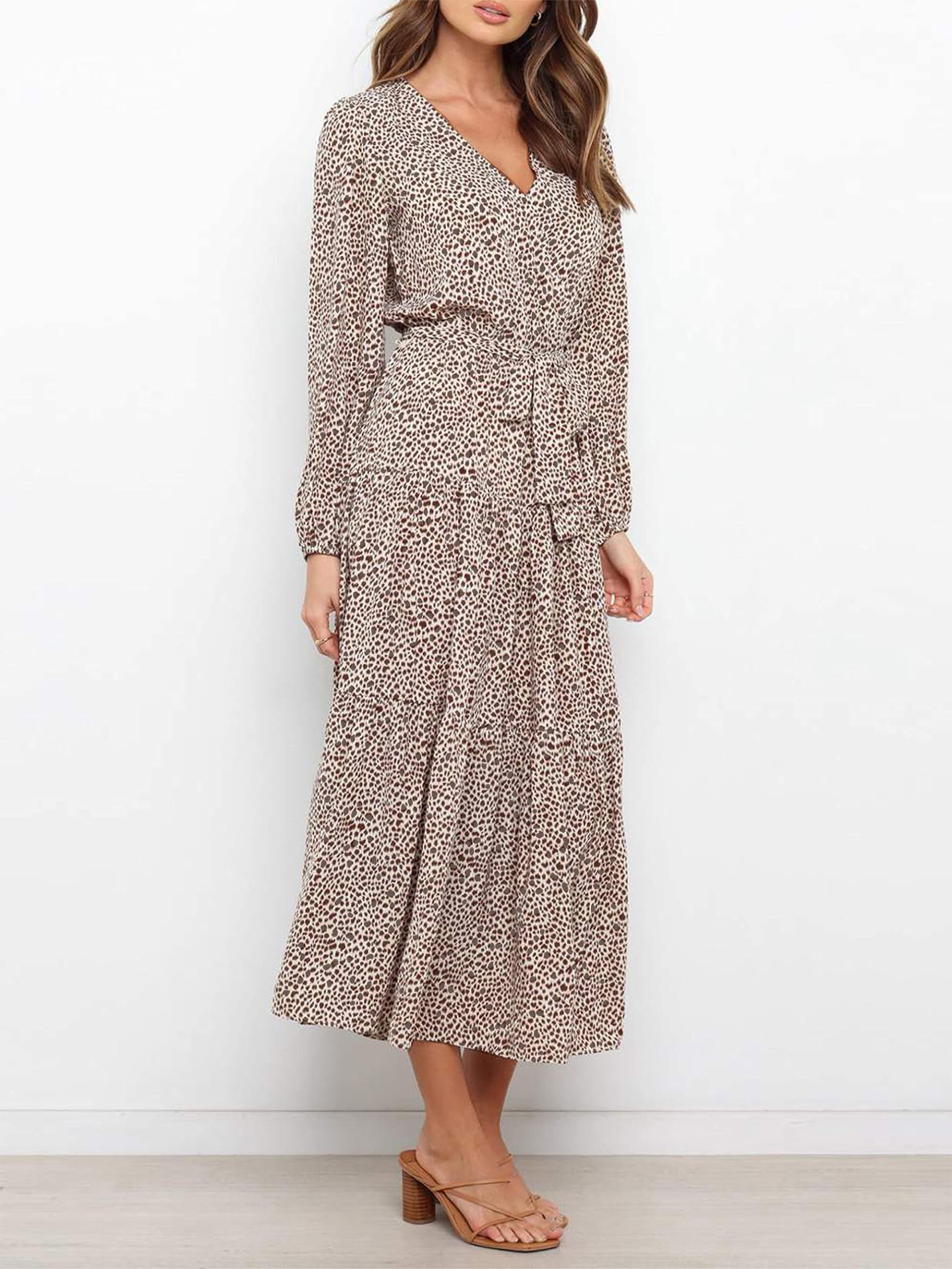 PRETTYGARDEN Womens Fall Long Sleeve Wrap V Neck Ruffle Floral Maxi Dress Casual Tie Waist Boho Chiffon Flowy Long Dresses(Apricot,Medium)