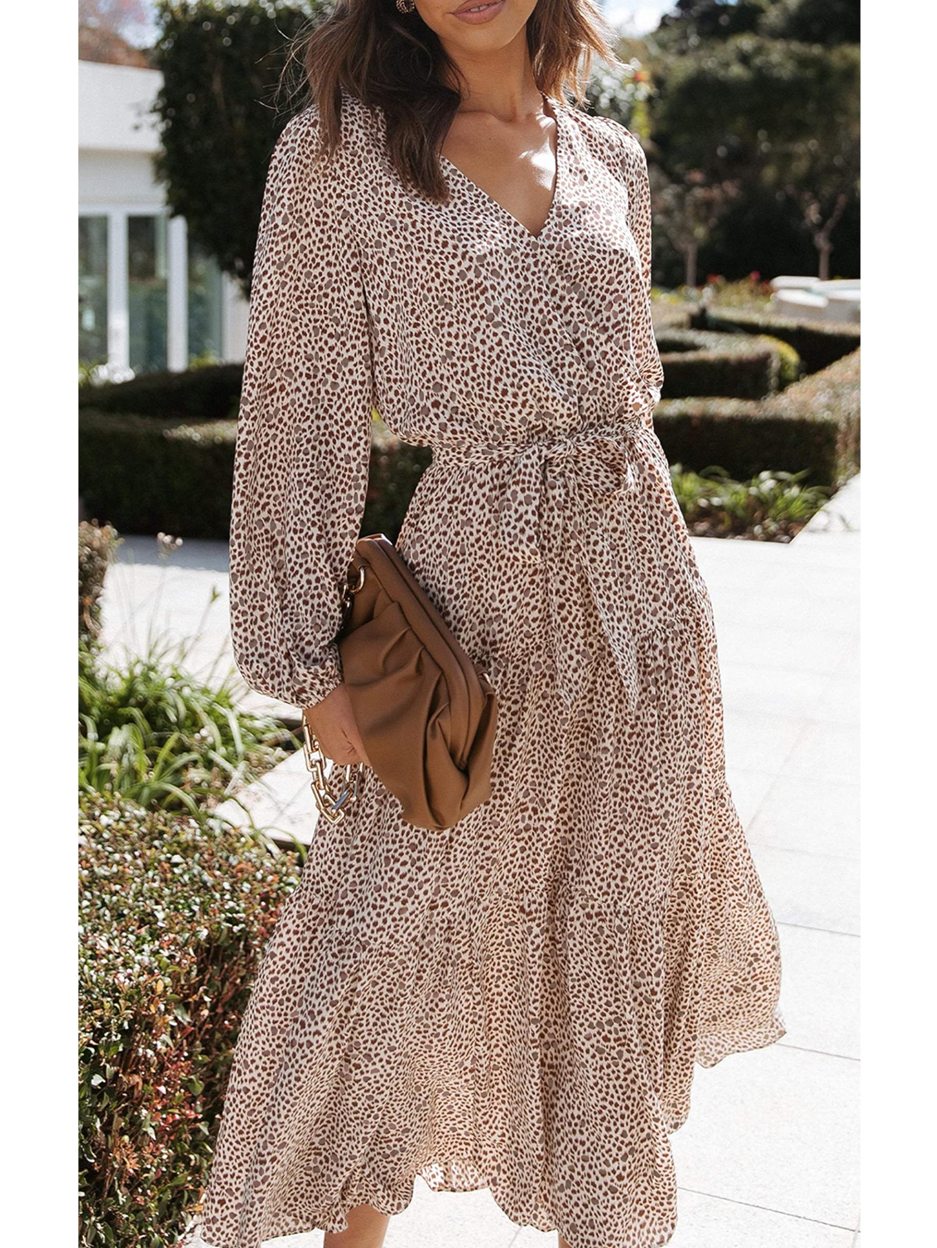 PRETTYGARDEN Womens Fall Long Sleeve Wrap V Neck Ruffle Floral Maxi Dress Casual Tie Waist Boho Chiffon Flowy Long Dresses(Apricot,Medium)