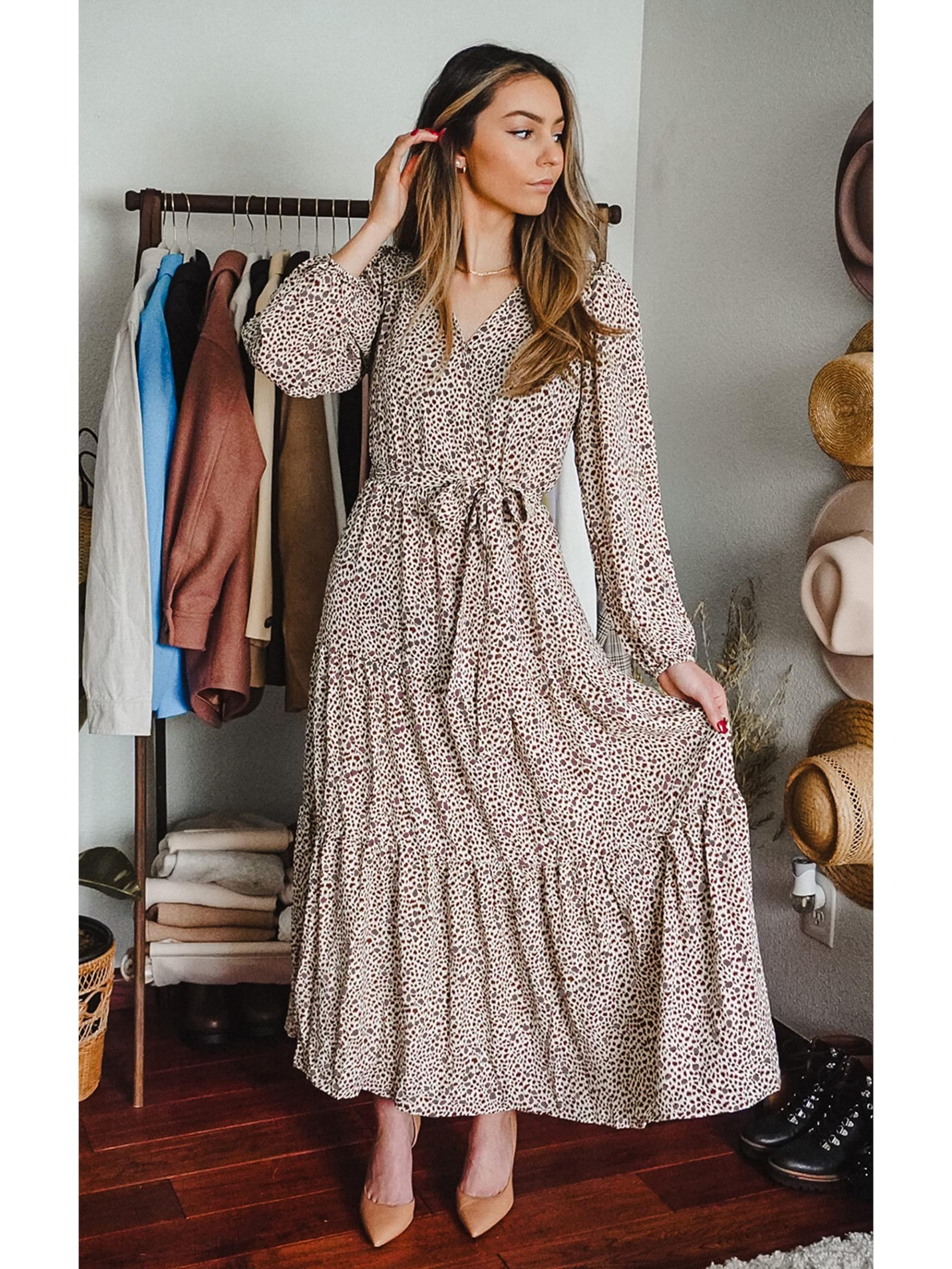 PRETTYGARDEN Womens Fall Long Sleeve Wrap V Neck Ruffle Floral Maxi Dress Casual Tie Waist Boho Chiffon Flowy Long Dresses(Apricot,Medium)
