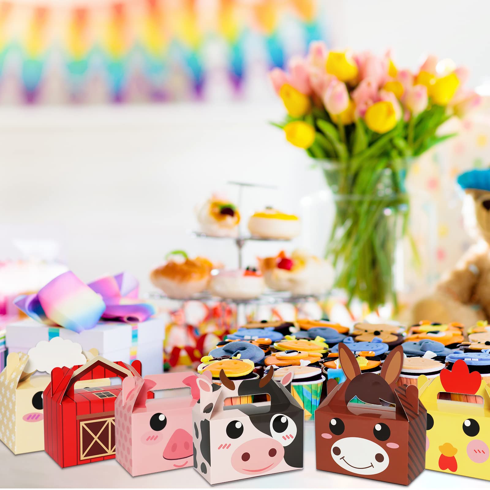 24 Pack Easter Treat Boxes Happy Easter Party Favor Boxes Bunny Eggs Gift Box with Handle Easter Basket Containers Candy Goodies Box for Kids Home School Classroom Party Favor Decorations Supplies
