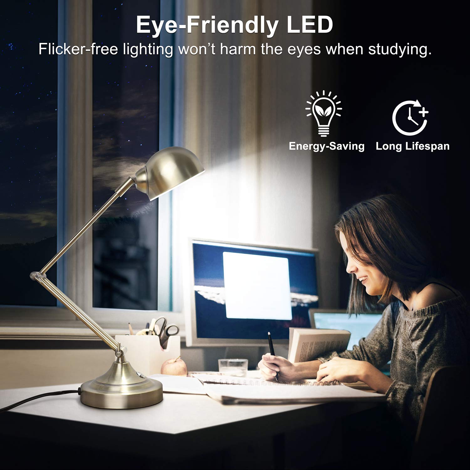 Mlambert 3-Color in 1 LED Desk Lamp with USB Charging Port, Swing Arm, Fully Dimmable, Eye-Caring Task Lamp, Touch Control Brass Metal Architect Drafting Table Lamp for Bedside, Office, Work, Reading