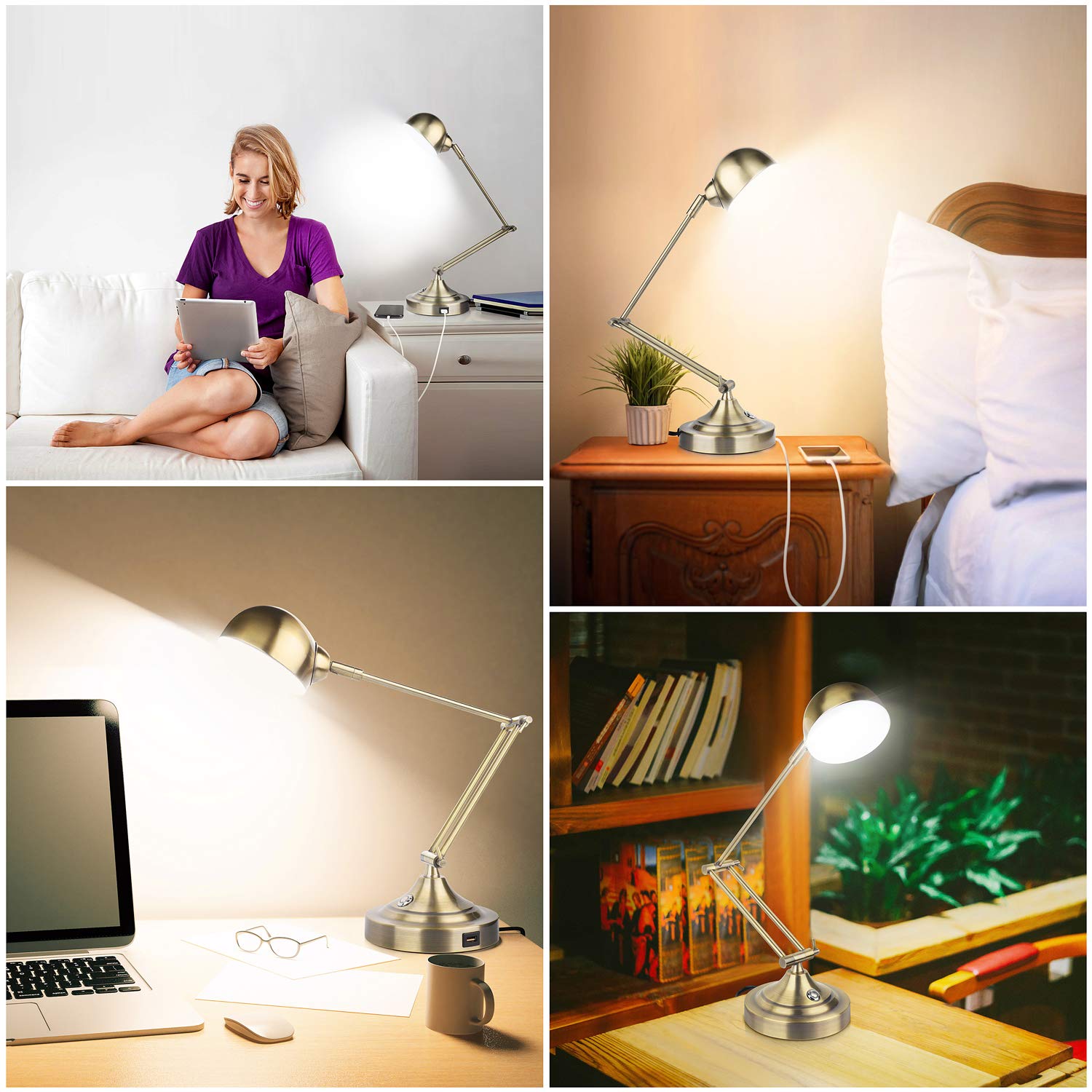 Mlambert 3-Color in 1 LED Desk Lamp with USB Charging Port, Swing Arm, Fully Dimmable, Eye-Caring Task Lamp, Touch Control Brass Metal Architect Drafting Table Lamp for Bedside, Office, Work, Reading