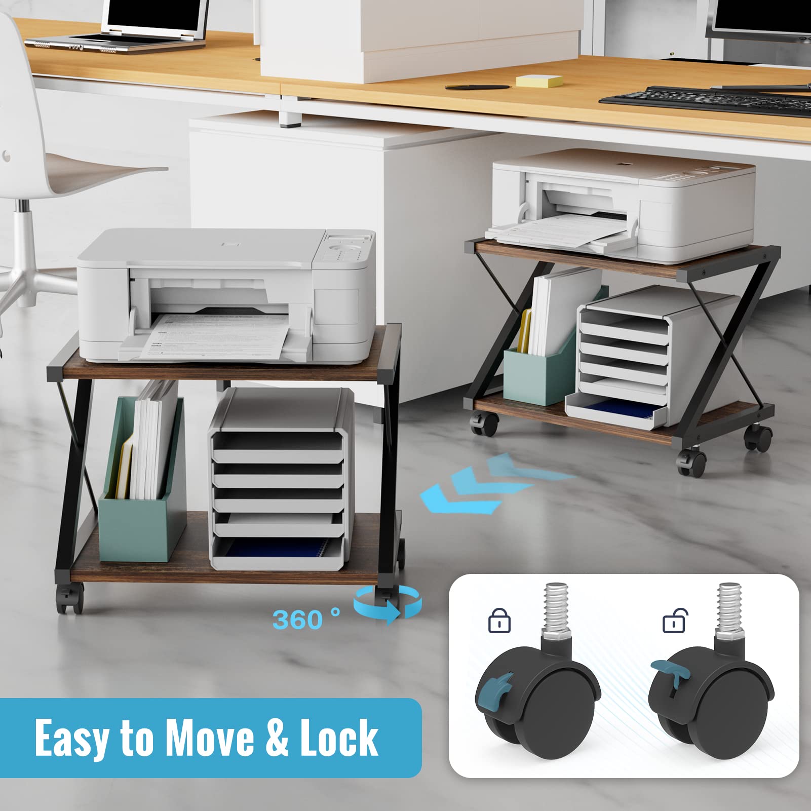 MaxGear Under Desk Printer Stand, 2 Tier Printer Rolling Cart with 4 Wheels, Wood Desktop Printer Table with Anti-Skid Pads, Home Printer Shelf for Office Fax Machine, Scanner, Books, Rustic Brown