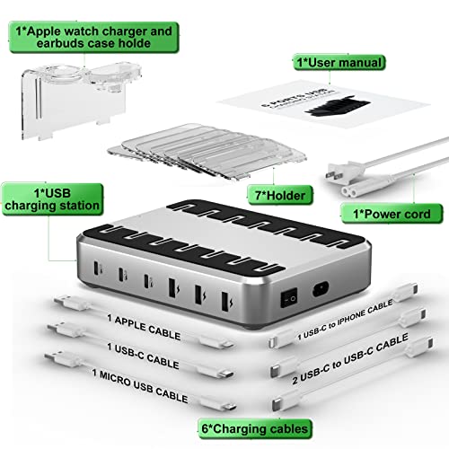 Charging Station for Multiple Devices - TYCRALI 81W 6 Port USB C Charging Station with 3 20W PD Charger, Phone and Watch Charging Stand for iPhone iPad iWatch AirPods Samsung Android Products