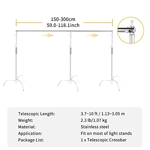 Pro Stainless Steel Telescopic Backdrop Crossbar Max Length 10 ft/3m Adjustable Background Support Cross Arm, Backdrop Pole for C Stand