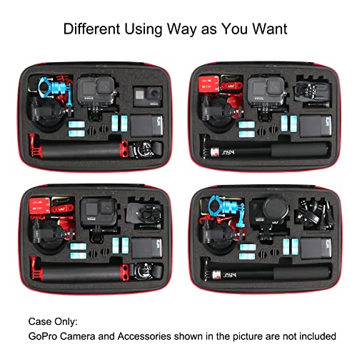 HSU Large Carrying Case for GoPro Hero 11,10,9, Hero 8,7,6,5,4,3 and Accessories, DJI Osmo Action,AKASO,Campark,YI Action Camera and More (Upgrade Sponge Precut Slots)(Red)