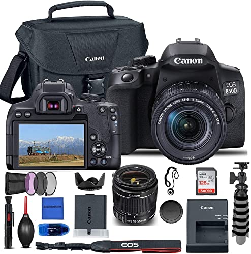 Canon EOS 850D(Rebel T8i) DSLR Camera w/Canon EF-S 18-55mm F/3.5-5.6 Zoom Lens + Case + 1 Sandisk 128GB Memory Card + Flex Tripod + 3pc Filter Kit + Card Reader + Cleaning Kit (Int'l Model), Black
