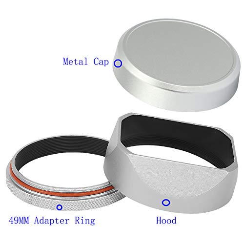 Haoge Square Metal Lens Hood for Fuji Fujifilm FinePix X100V X100F X100 X100S X100T X70 Camera Accessories Silver with Cap and 49mm Adapter Ring Kit