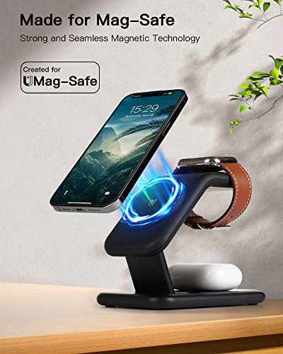 3-in-1 MagSafe Charger Stand, 18W Fast Magnetic Charger for iPhone 14, 13 & 12 Series - Apple Watch & AirPods, Wireless Charging Station for Multiple Devices with Adapter and LED