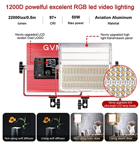 GVM 1200D PRO RGB LED Video Light with 3 Softboxes,50W Video Lighting Kit, 360°Full Color Led Video Lighting Kit with APP Control3 Packs Video Light, 3200K-5600K, Aluminum Alloy Shell, CRI 97
