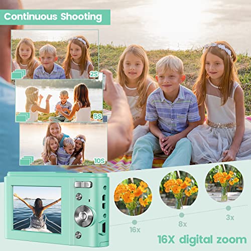 Digital Camera, HUMIDIER FHD 1080P 36MP 16X Digital Zoom Mini Vlogging Video Camera with Battery Charger, Compact Portable Cameras Point and Shoot Camera for Kids,Teens,Beginners (Green)
