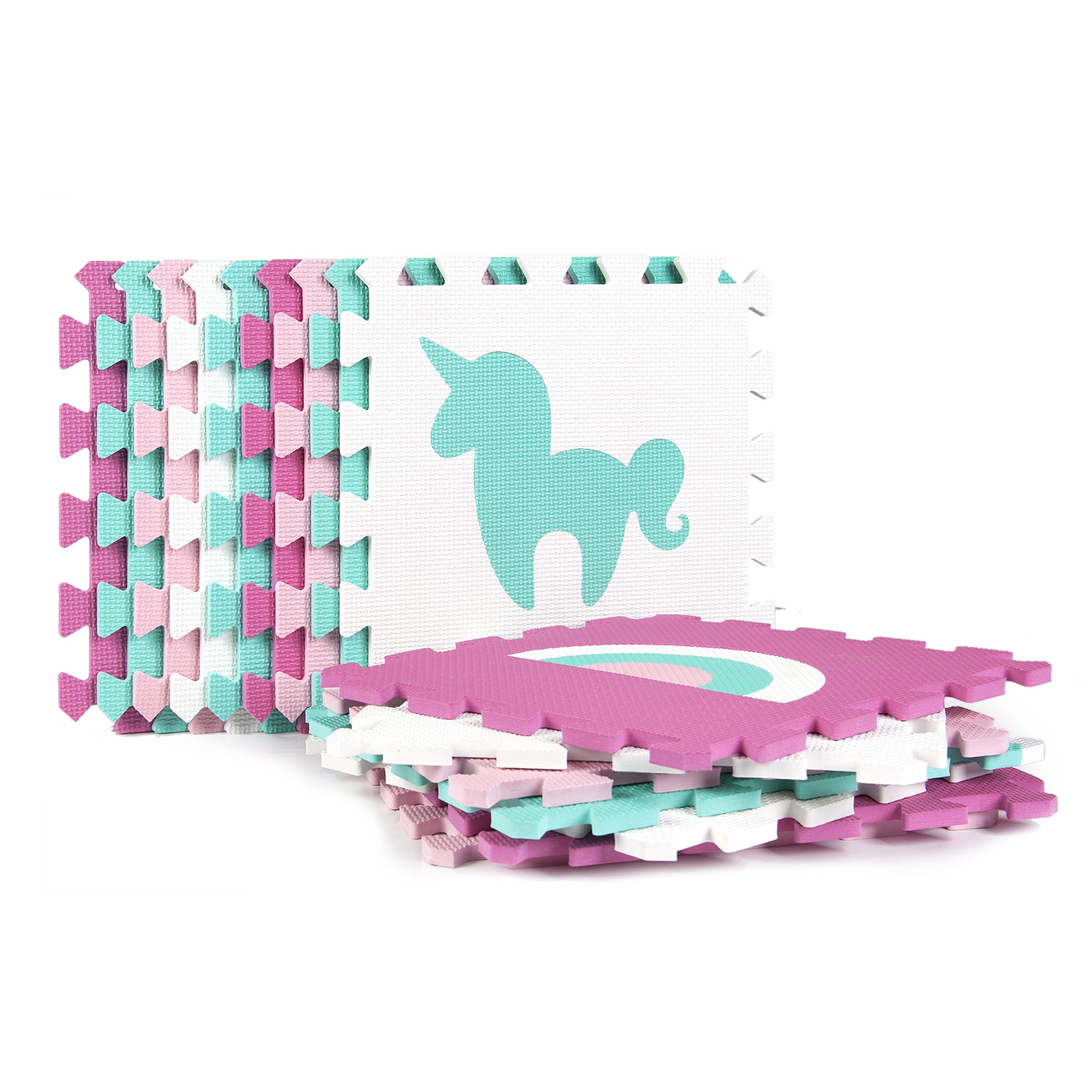 Tadpoles Baby Play Mat, Kid's Puzzle Exercise Play Mat – Soft EVA Foam Interlocking Floor Tiles, Cushioned Children's Play Mat, 16pc, Unicorns and Rainbows, Pink, 50x50