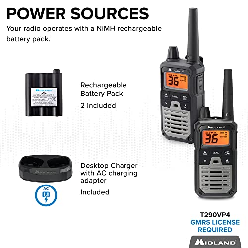 Midland T290VP4 X-TALKER GMRS Long Range Walkie Talkie - Two Way Radio with NOAA Weather Scan + Alert, and 121 Privacy Codes (Black/Silver, 2 Radios)