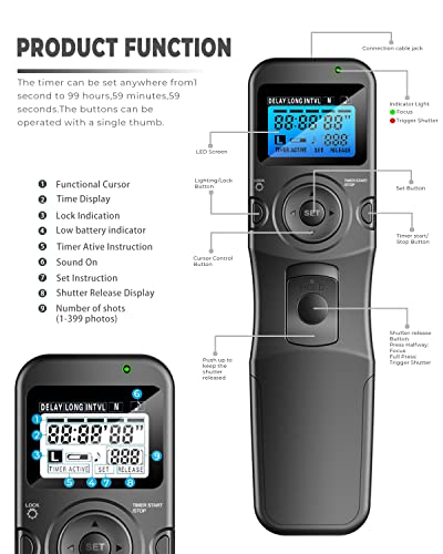 Digital Timer Remote Shutter Release Trigger Intervalometer for Canon EOS Rebel T6 T7 80D 70D 60D 60Da 77D T7i T6i T6s SL2 SL1 T5 T3 T5i T4i T3i T2i EOS R M6 M5 Camerasā¦