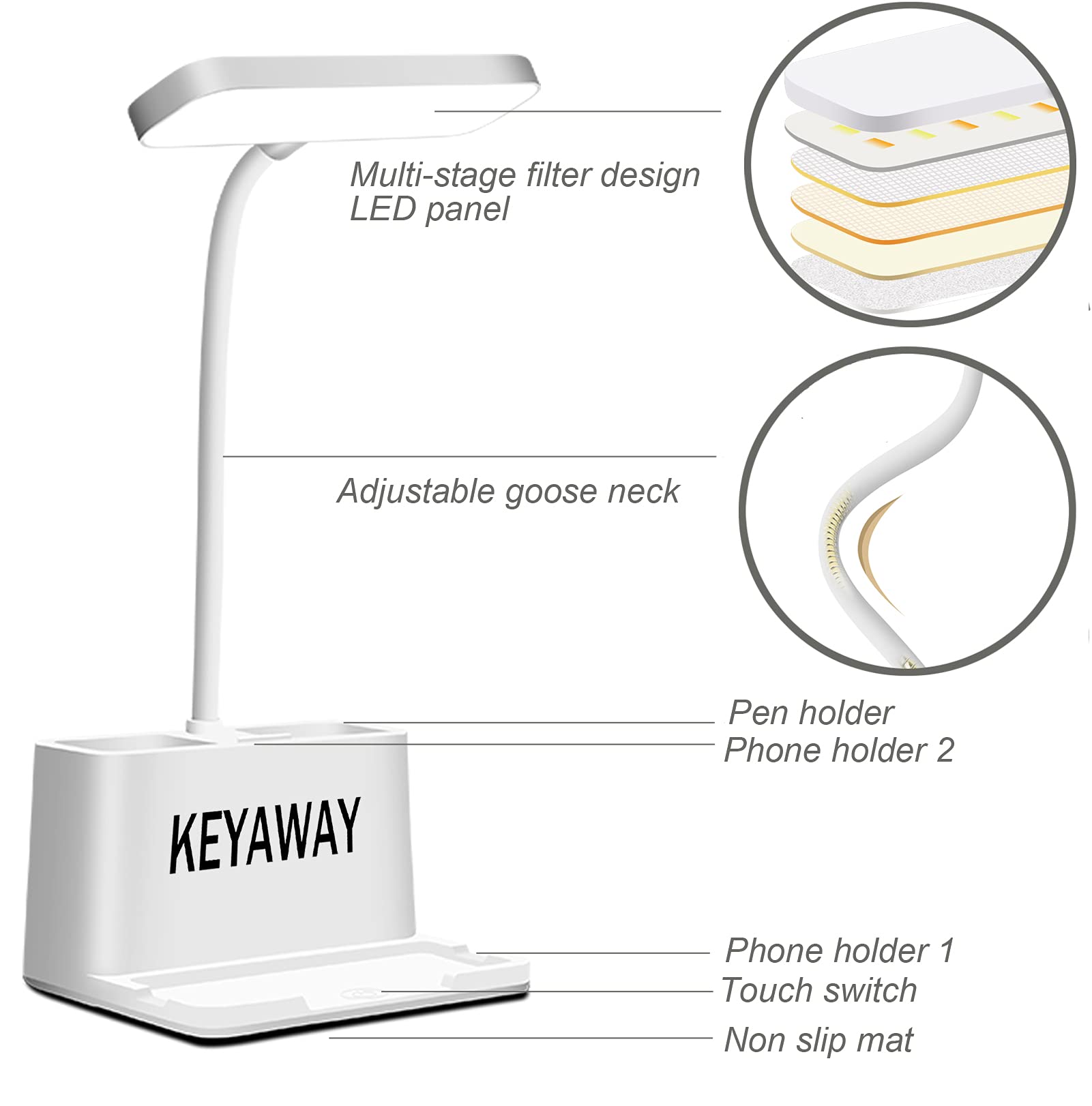 LED Desk Lamp with Pen & Phone holder, USB Rechargeable Book Reading Light,Eye-Caring Study Lamp for Kids, Touch Table Lamp with Flexible Gooseneck for Home,Office,3 Color Modes & Stepless Dimming