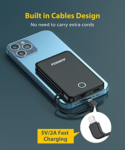 Portable Charger Small Size Built in Cable 6000mAh Power Bank, External Battery Pack Lightweight Backup Charger, Ultra Slim Battery Backup Charger for Cell Phones