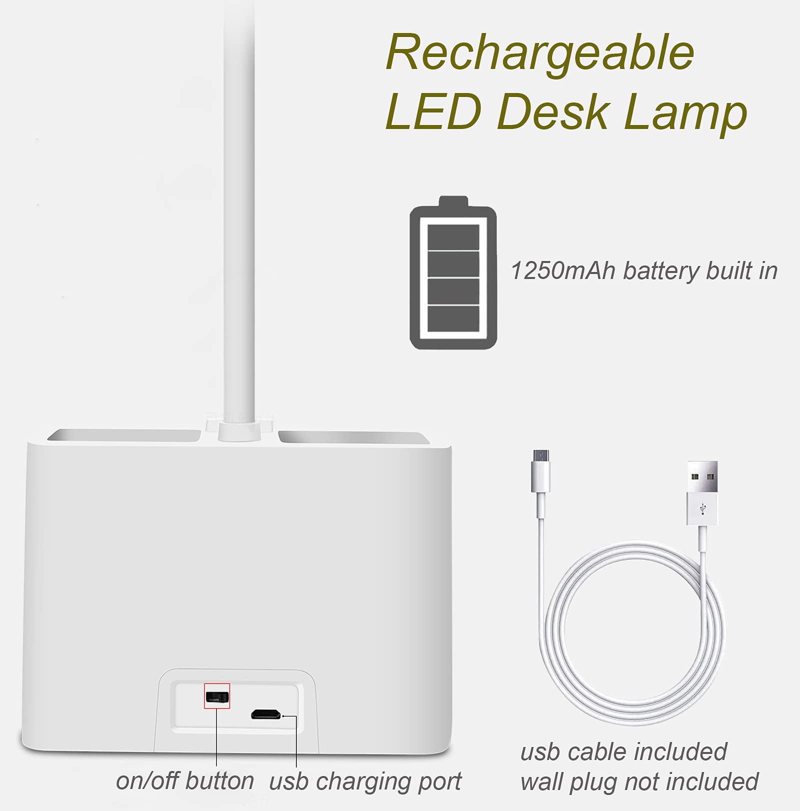 LED Desk Lamp with Pen & Phone holder, USB Rechargeable Book Reading Light,Eye-Caring Study Lamp for Kids, Touch Table Lamp with Flexible Gooseneck for Home,Office,3 Color Modes & Stepless Dimming