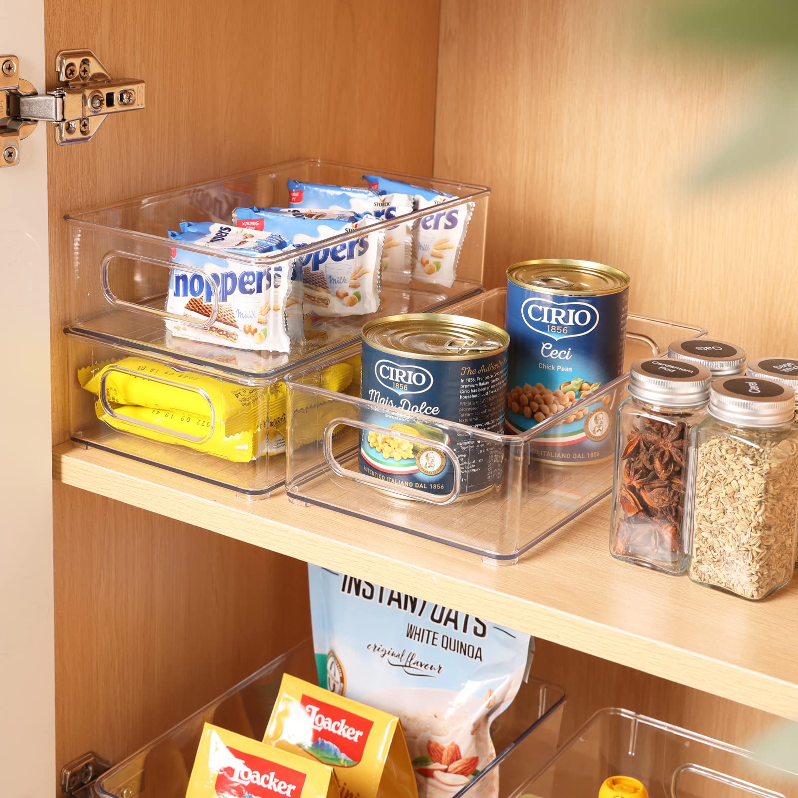 Moretoes 6 Pack Plastic Kitchen Pantry Cabinet, Clear Organizing Bins with Handles, Stackable Clear Storage Bins for Fruit, Yogurt, Shelf, Drawer- Food Safe,10 Inch Long