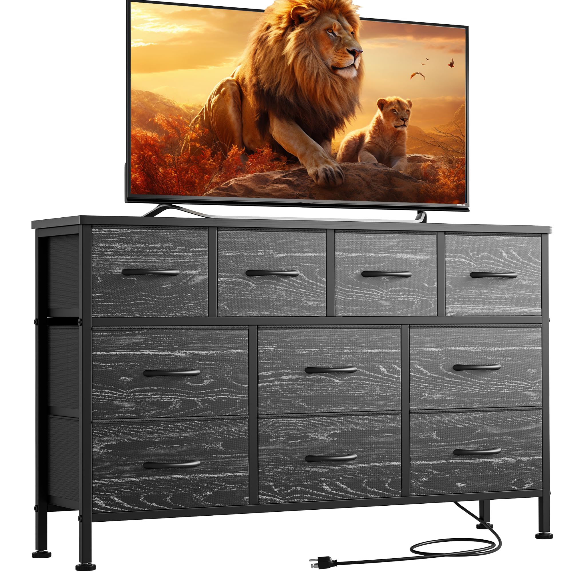 Lulive Dresser for Bedroom 10 Drawer Dresser TV Stand with Power Outlet, Entertainment Center Chest of Drawers for 55 Inch TV, Black Fabric Dresser for Bedroom Living Room Hallway Closets