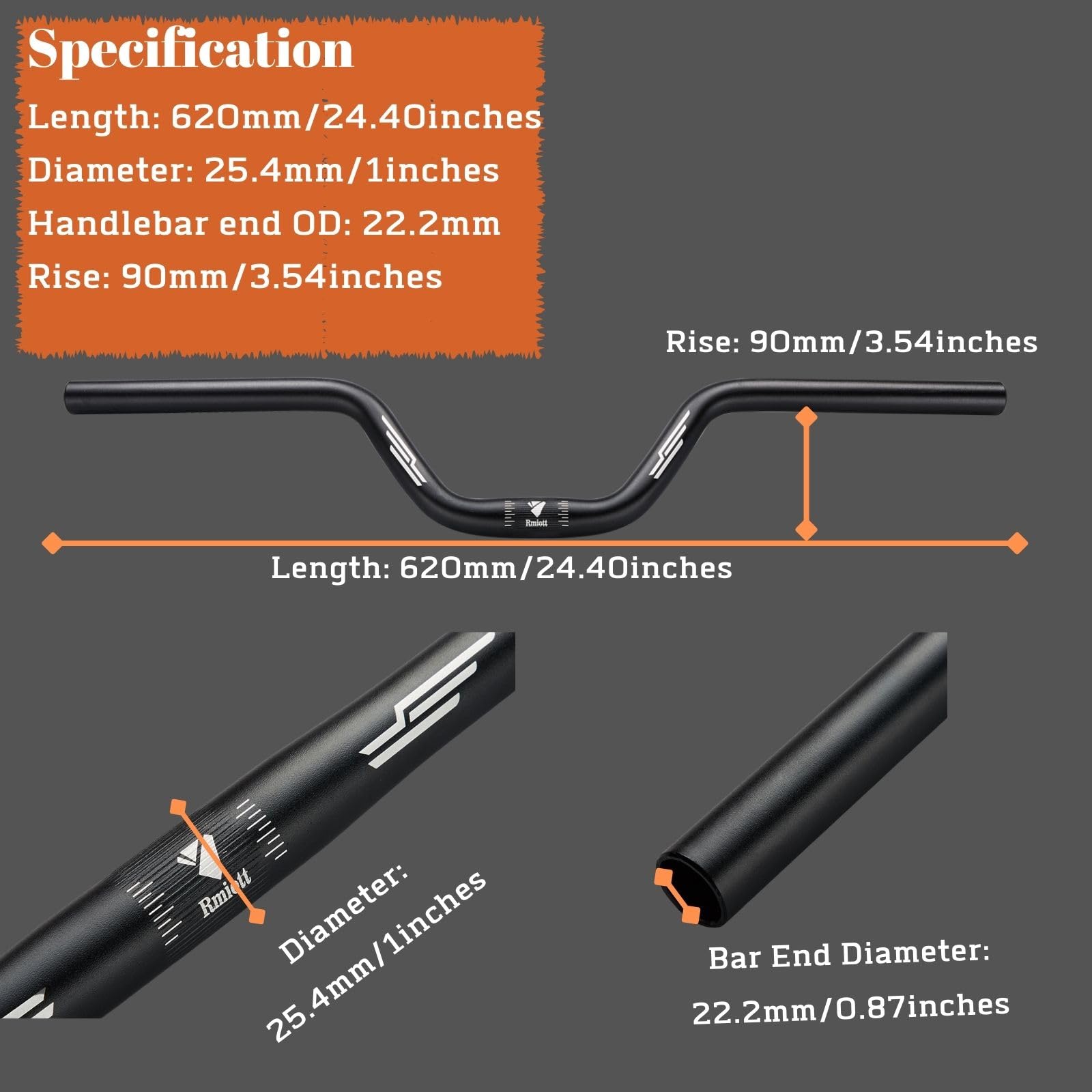 Rmiott 1 inch Rise 90mm Mountain Bike Handlebars Length 24.40inches/620mm Aluminum -Just Fits 25.4mm Stems- Rise 90mm Black