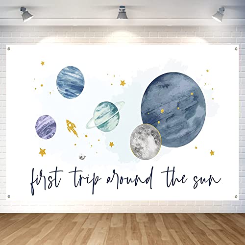 YaNuts First Trip Around The Sun Space Backdrop 1st Birthday Party Supplies Extra Large Planets Background Banner Baby Shower Party Decor 6x3.6ft, BLUE
