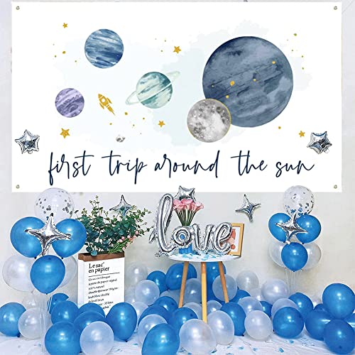 YaNuts First Trip Around The Sun Space Backdrop 1st Birthday Party Supplies Extra Large Planets Background Banner Baby Shower Party Decor 6x3.6ft, BLUE