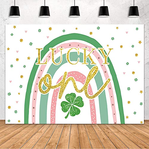 MEHOFOND Lucky One Backdrop St. Patrick's Day 1st Birthday Backdrop Lucky Charm Shamrock 1st Birthday Party Decorations Supplies Green Clover Rainbow Photography Background Vinyl 7x5ft