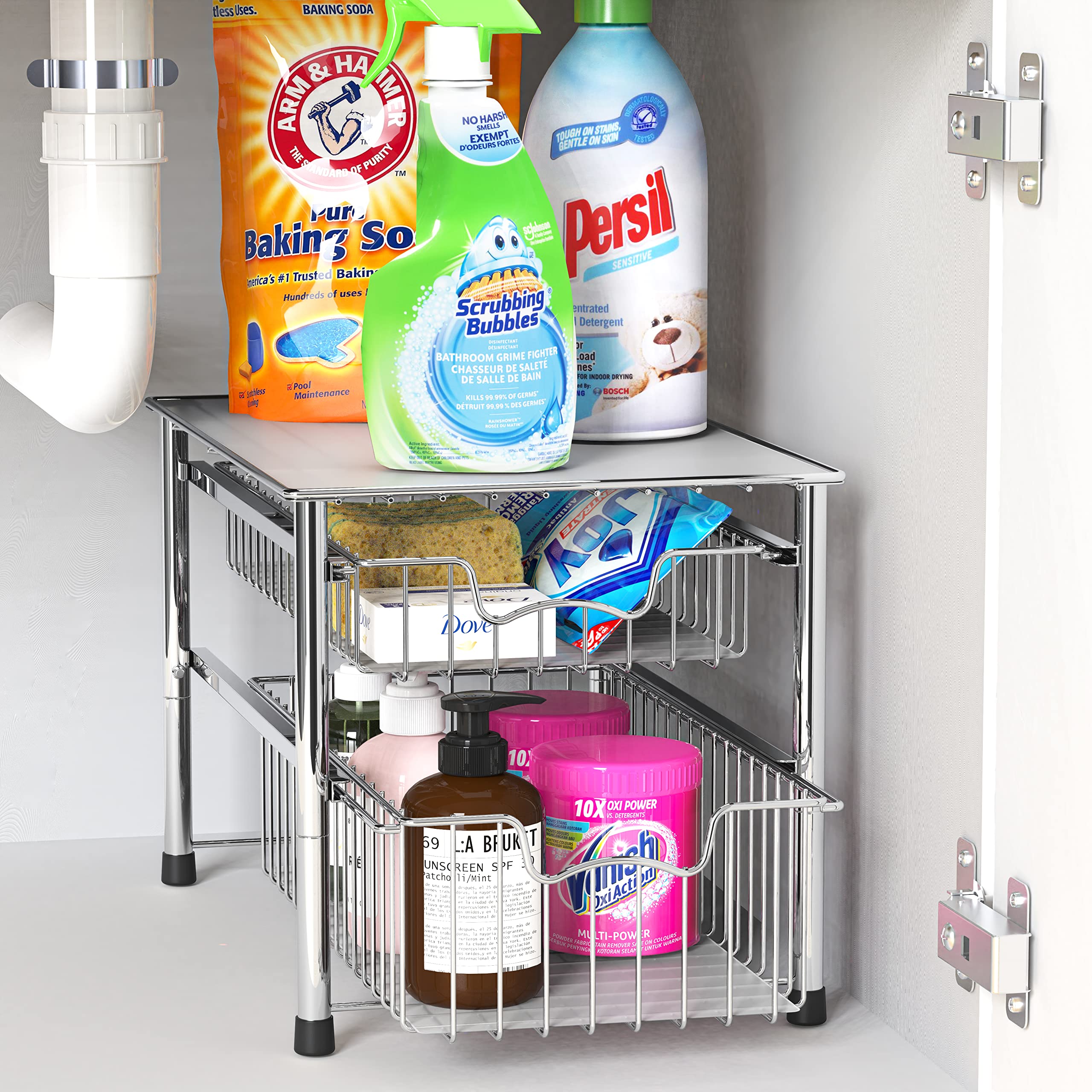 SimpleHouseware Stackable 2 Tier Sliding Basket Organizer Drawer, Chrome