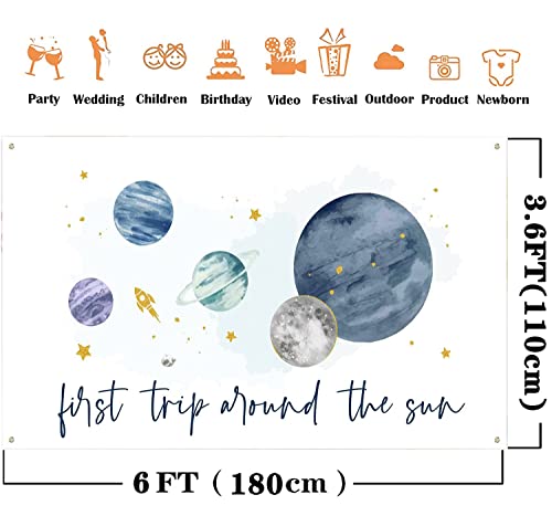 YaNuts First Trip Around The Sun Space Backdrop 1st Birthday Party Supplies Extra Large Planets Background Banner Baby Shower Party Decor 6x3.6ft, BLUE