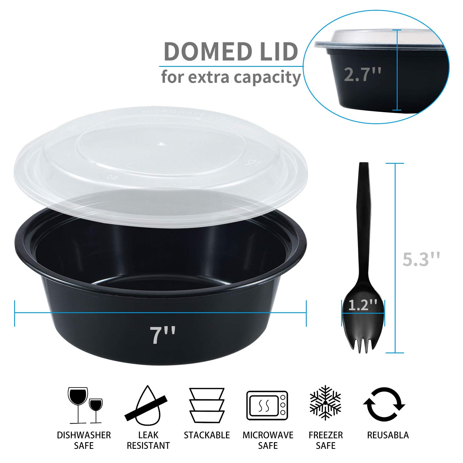 Plastic Meal Prep Containers, 30 Pack 32 oz, Reusable Food Storage Containers with Lids, Salad Container for lunch, Disposable Salad Bowls, Food Prep Bowls, Takeout Bento Box Freezer 10 Forks