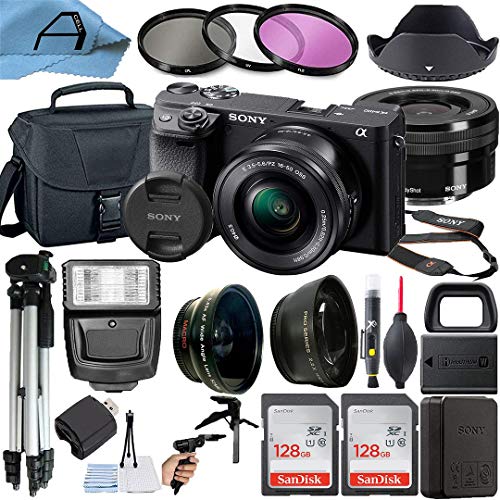 Sony Alpha a6400 Mirrorless Digital Camera 24.2MP Sensor with 16-50mm Lens, 2 Pack SanDisk 128GB Memory Card, Padded Bag, Tripod and A-Cell Accessory Bundle (Black) (Renewed)