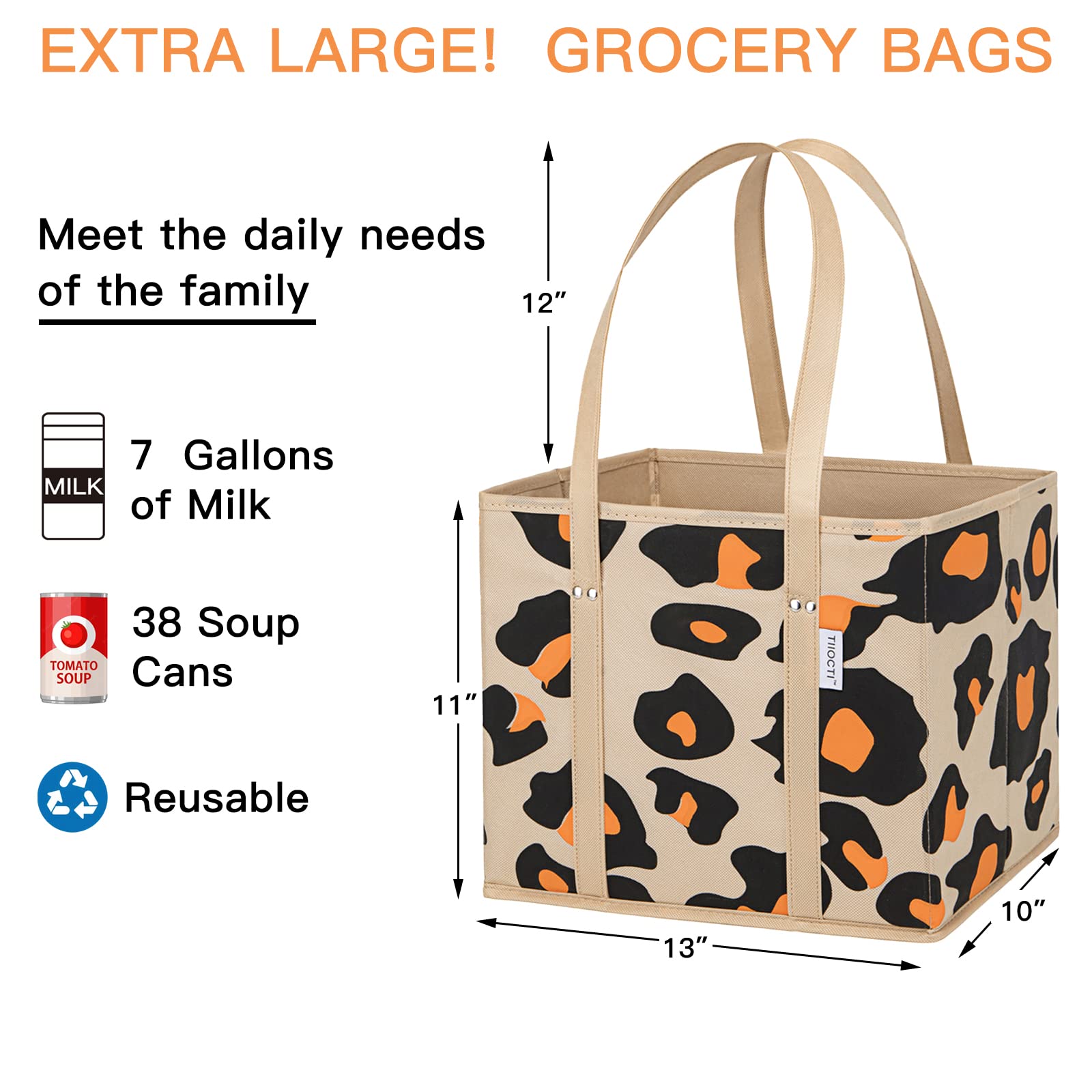 TIIOCTI Reusable Grocery Bags heavy duty Shopping Box Foldable Saving Space Standing Tote Bag with Long Handles 3 Pack