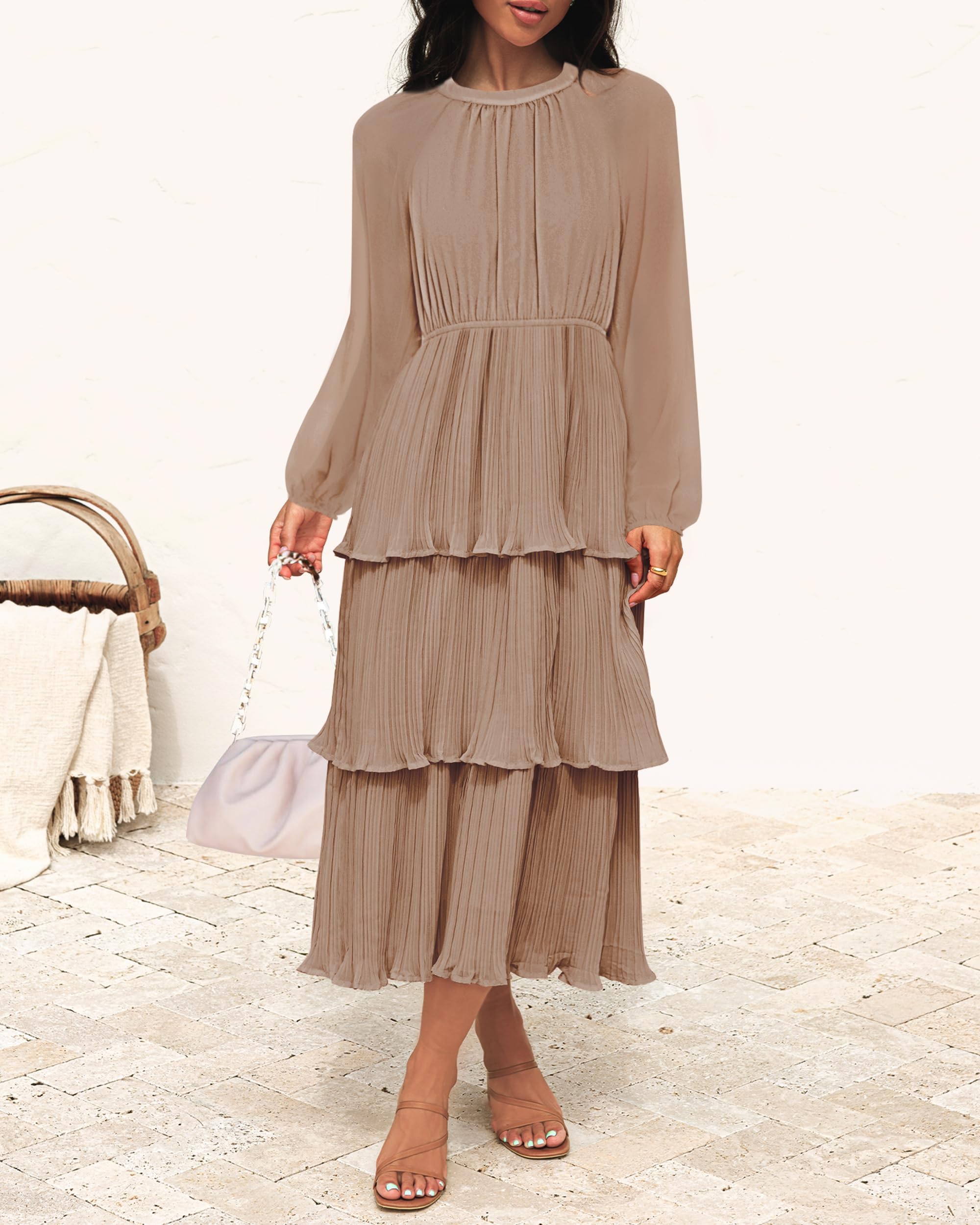 ZESICA Women's 2025 Long Sleeve Crew Neck Ruffle Tiered Layered Chiffon Flowy Swing 2025 Long Midi Dress,Khaki,Small