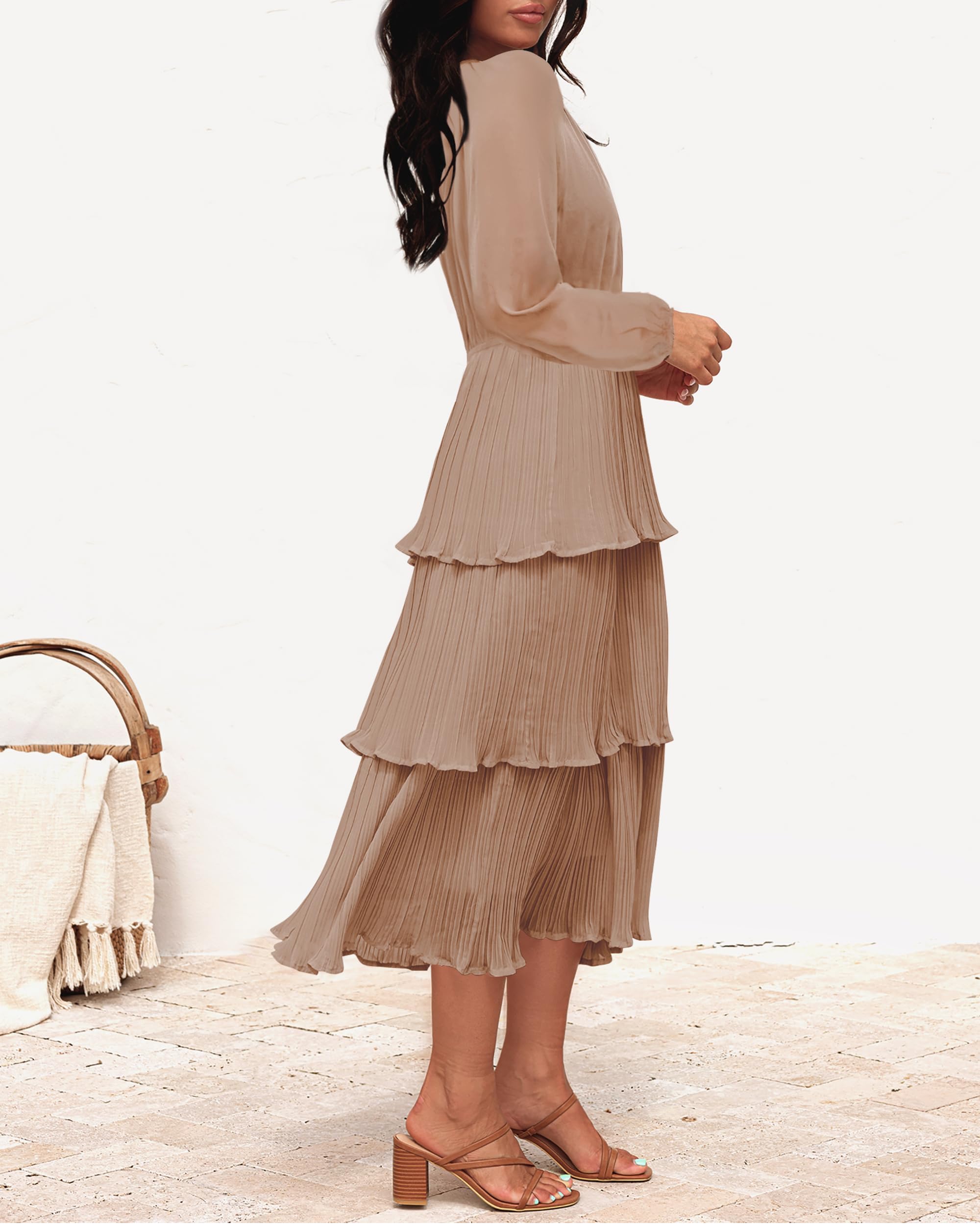 ZESICA Women's 2025 Long Sleeve Crew Neck Ruffle Tiered Layered Chiffon Flowy Swing 2025 Long Midi Dress,Khaki,Small