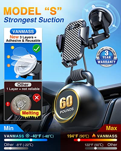 VANMASS [Latest Model] Car Phone Holder Mount, Dashboard Phone Holder Universal Powerful Suction Cup Mount, Dash Windshield Air Vent Truck Stand Compatible with All Phones Black
