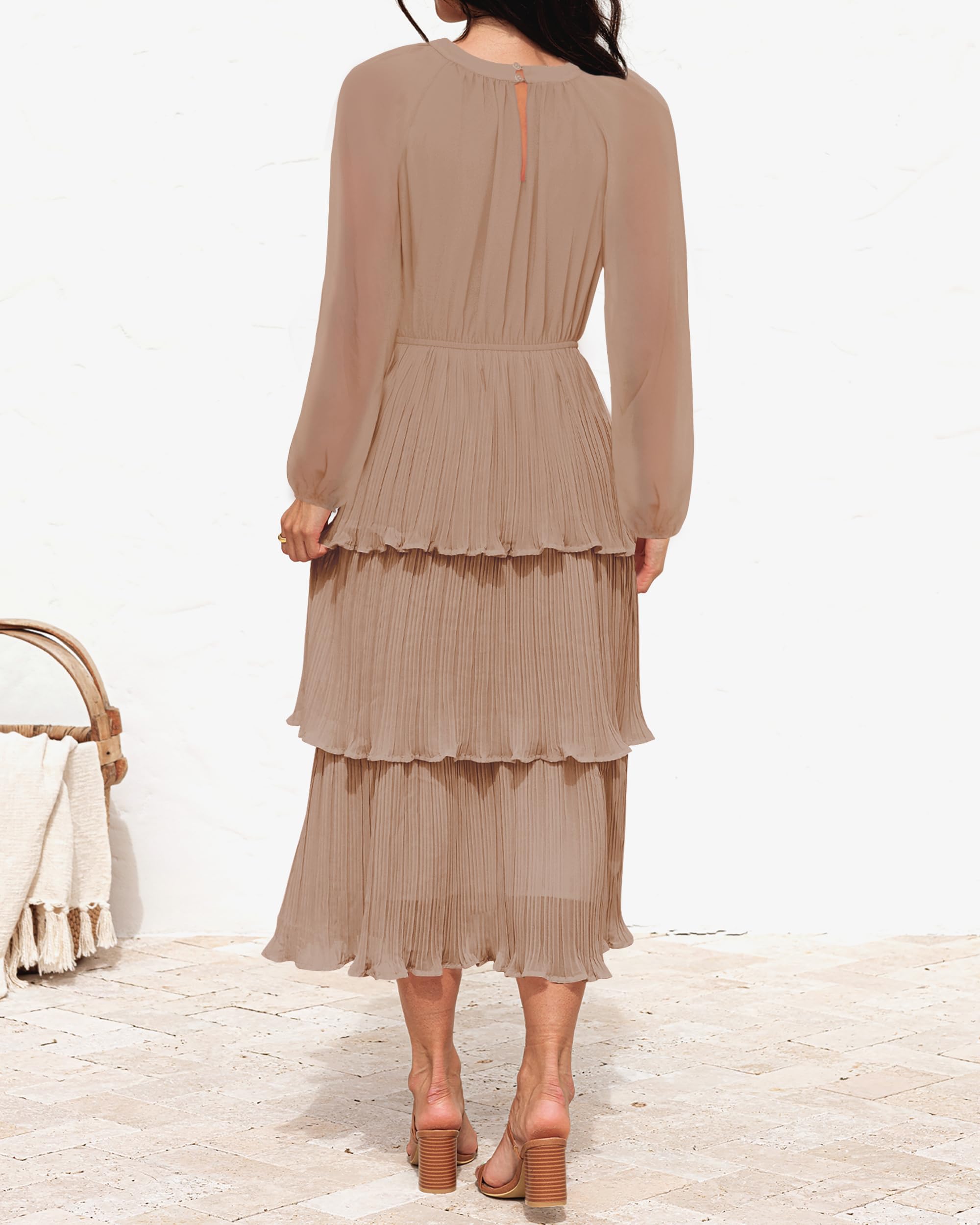 ZESICA Women's 2025 Long Sleeve Crew Neck Ruffle Tiered Layered Chiffon Flowy Swing 2025 Long Midi Dress,Khaki,Small