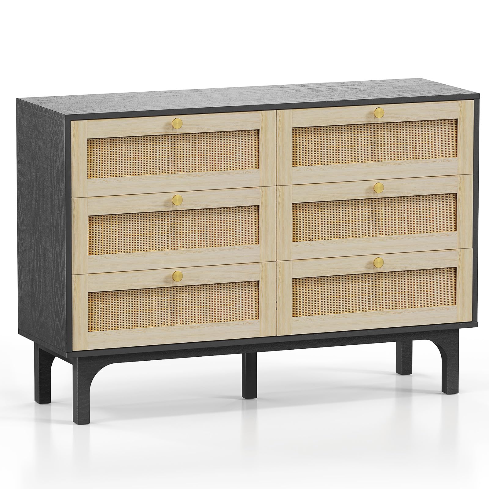 VINGLI Rattan Dresser Mid Century Modern Dresser 6 Drawers, 47.2" (W) x 15.7" (D) x 33.5" (H) Boho Bedroom Furniture Black Wicker Dresser Bohemian