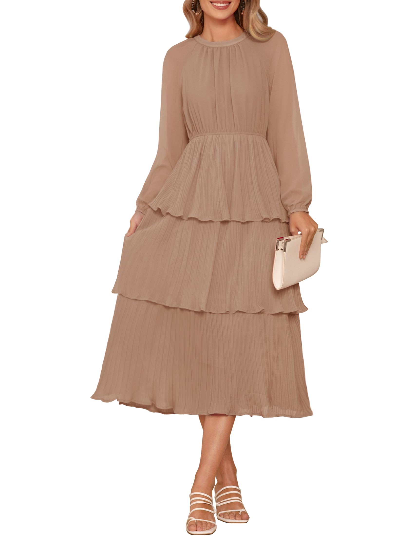 ZESICA Women's 2025 Long Sleeve Crew Neck Ruffle Tiered Layered Chiffon Flowy Swing 2025 Long Midi Dress,Khaki,Small