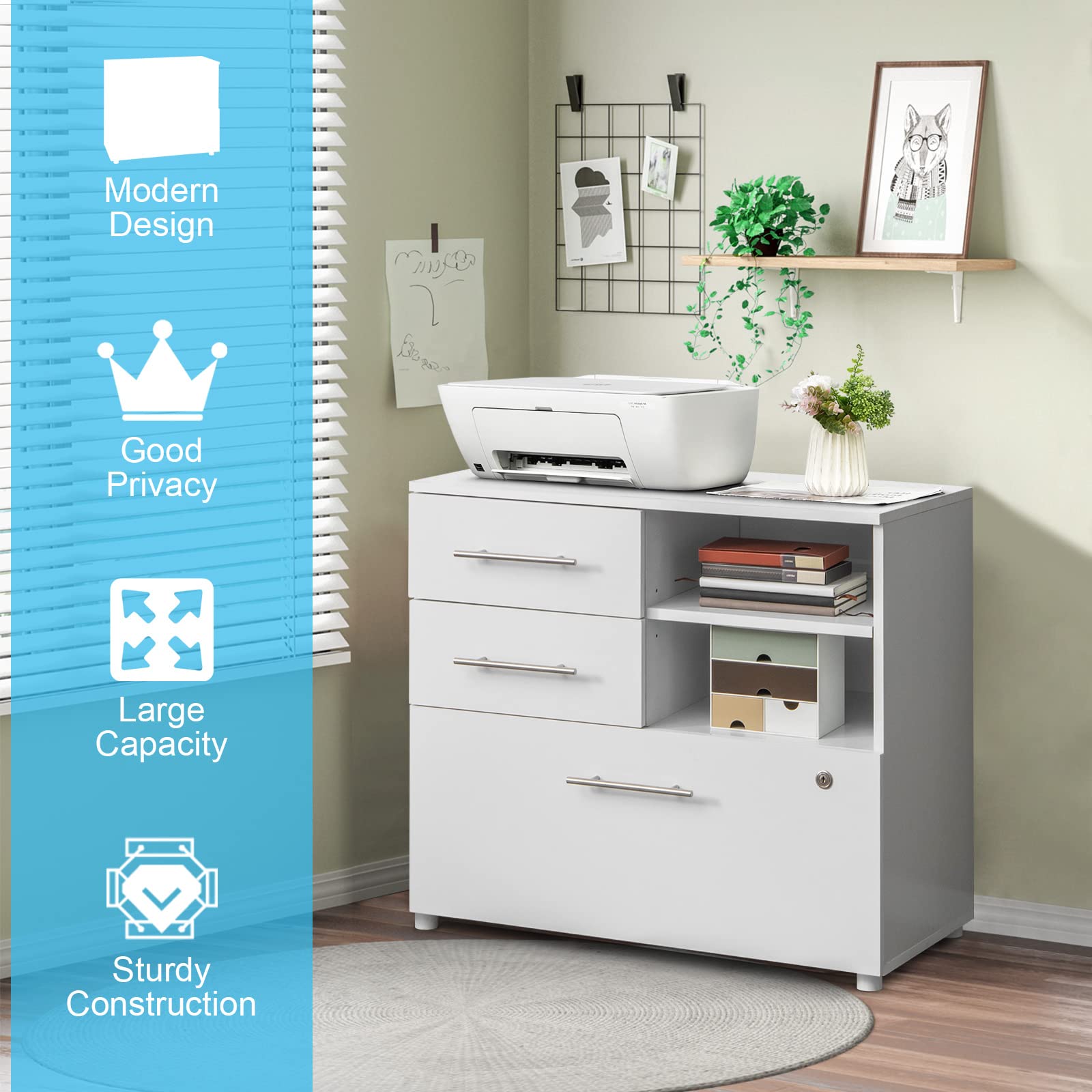 Giantex 3-Drawer Lateral File Cabinet - Under Desk Printer Stand with Storage Shelves, Hanging Bar for Legal/Letter Size Files, Lockable Filing Cabinet for Home Office Organization (White)