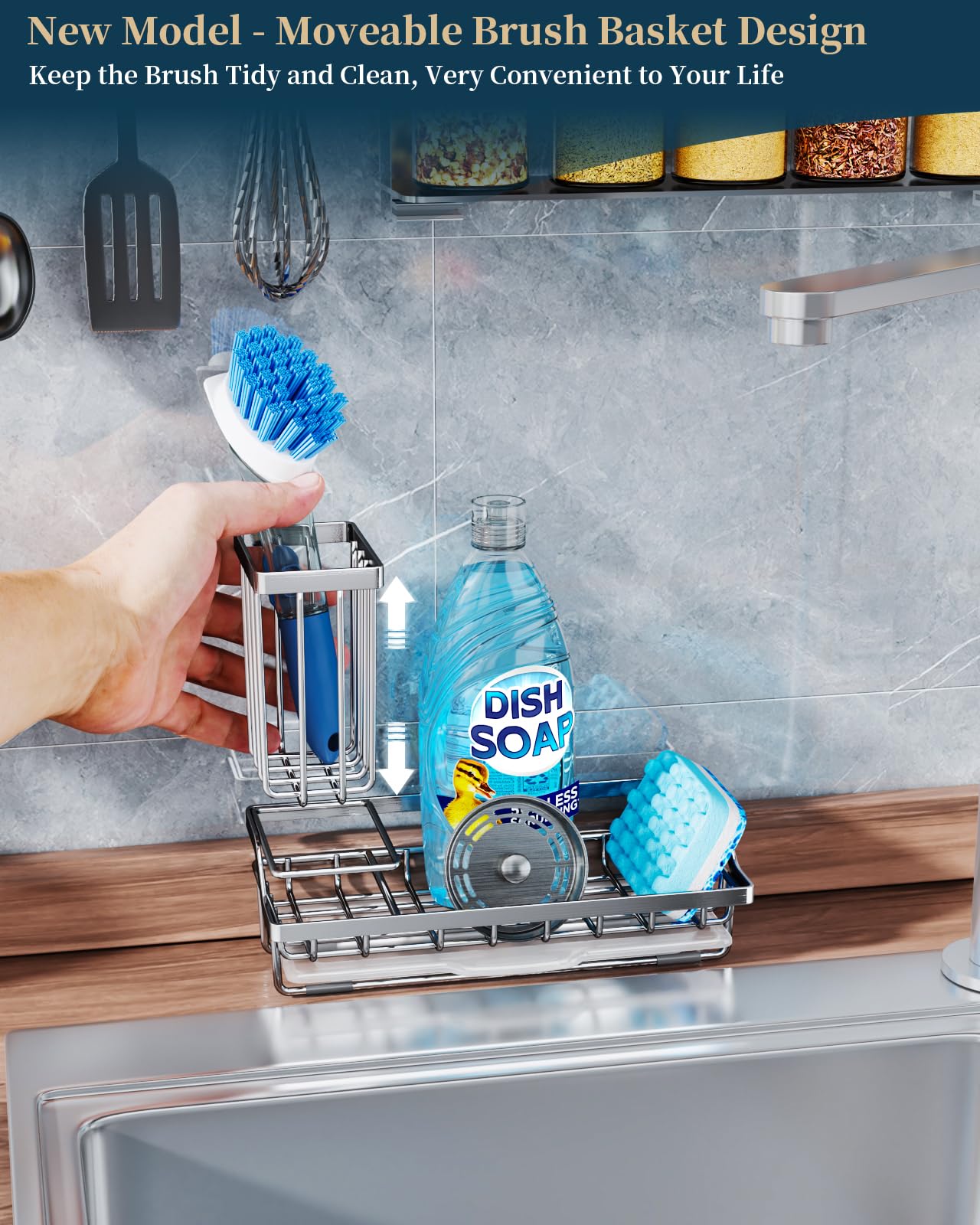 Sink Caddy, Consumest Kitchen Sponge Holder + Dish Brush Holder for Kitchen Sink, Sink Organizer with Drip Tray for Countertop, Stainless Steel Rustproof - Silver