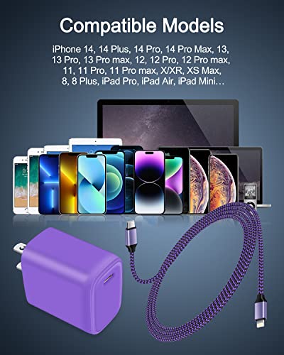 Power Delivery 20W Type USB C Quick Charging Wall Charger Adapter with 3FT Type-C to Lightning Cable for iPhone 14/14 Plus/14Pro/14 Pro Max/13/13Pro/13 Pro Max/12/12Pro/12 Pro Max/11/11 Pro Max-Purple