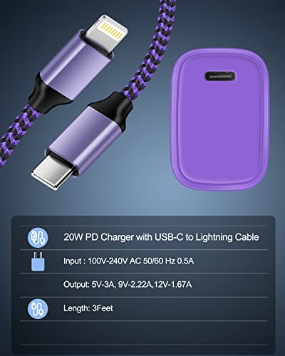 Power Delivery 20W Type USB C Quick Charging Wall Charger Adapter with 3FT Type-C to Lightning Cable for iPhone 14/14 Plus/14Pro/14 Pro Max/13/13Pro/13 Pro Max/12/12Pro/12 Pro Max/11/11 Pro Max-Purple
